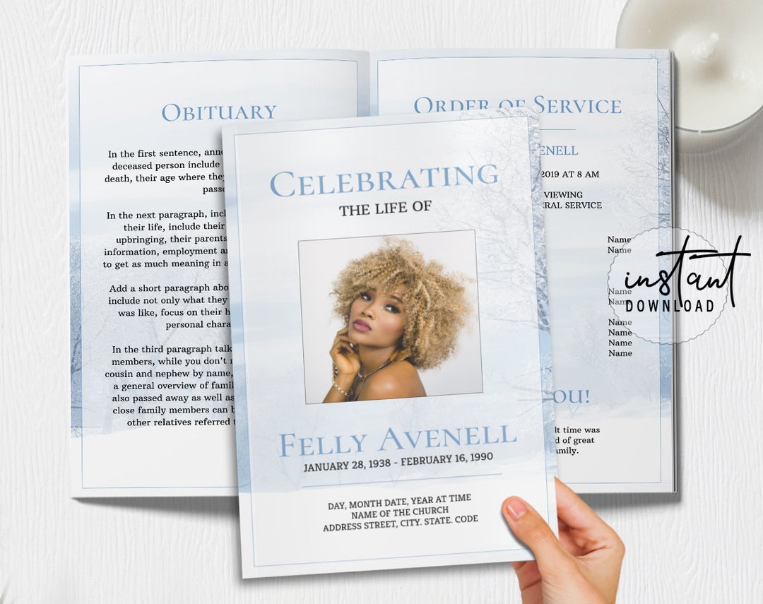 4 Page Funeral Program Template, Editable Funeral Program, Winter Theme ...
