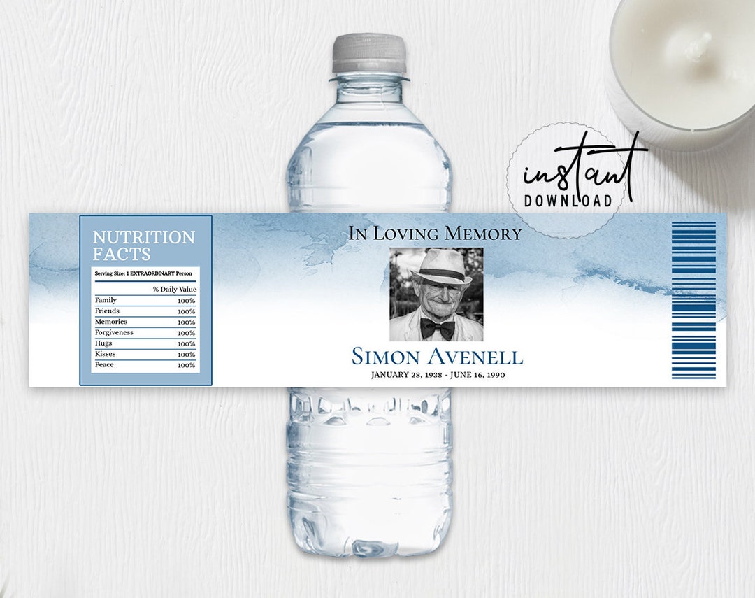 Funeral Water Bottle Label, Memorial Water Bottle, Blue Watercolor ...