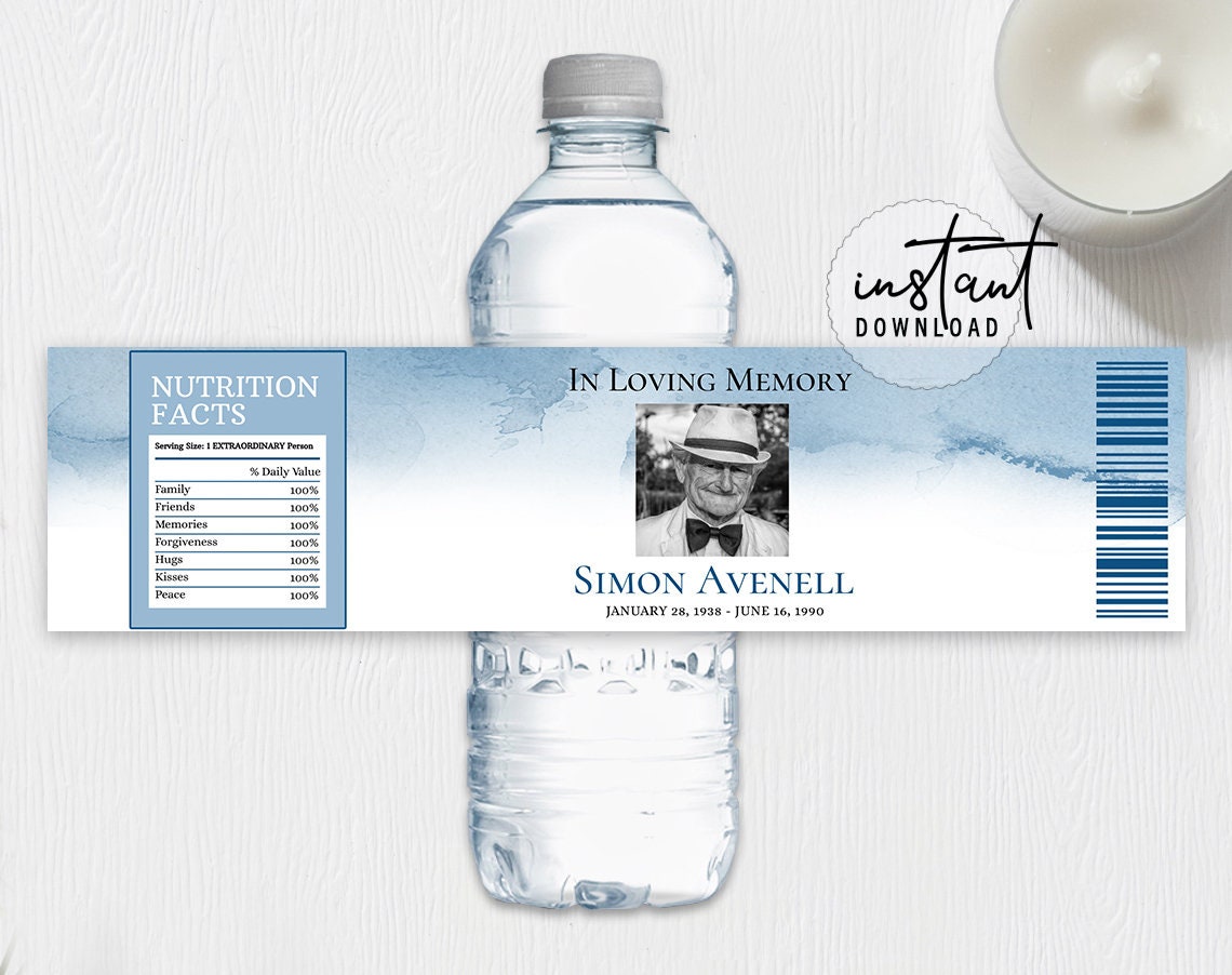 Funeral Water Bottle Label, Memorial Water Bottle, Blue Watercolor ...