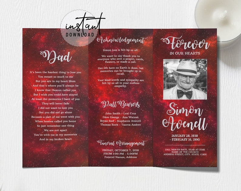Trifold Funeral Program Template Tri-fold Brochure Red - Etsy