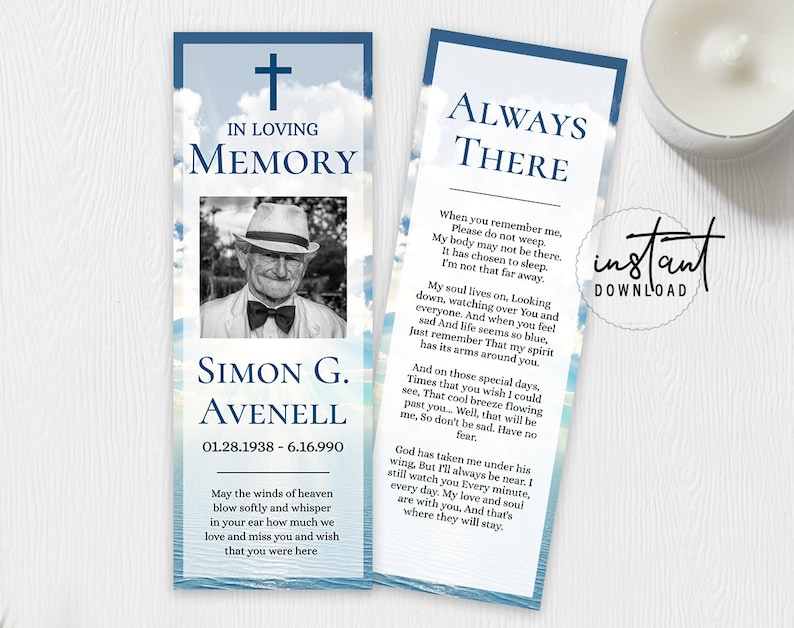 Funeral Bookmark Template, Funeral Keepsake Cards, Blue Sky Water ...