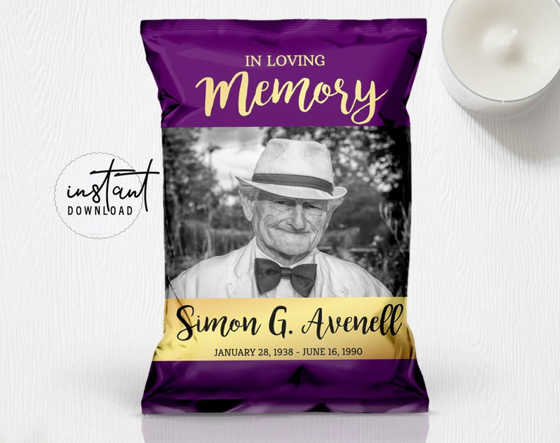 Funeral Chip Bag Label, Memorial Chip Bag, Purple and Gold Theme, Gold ...