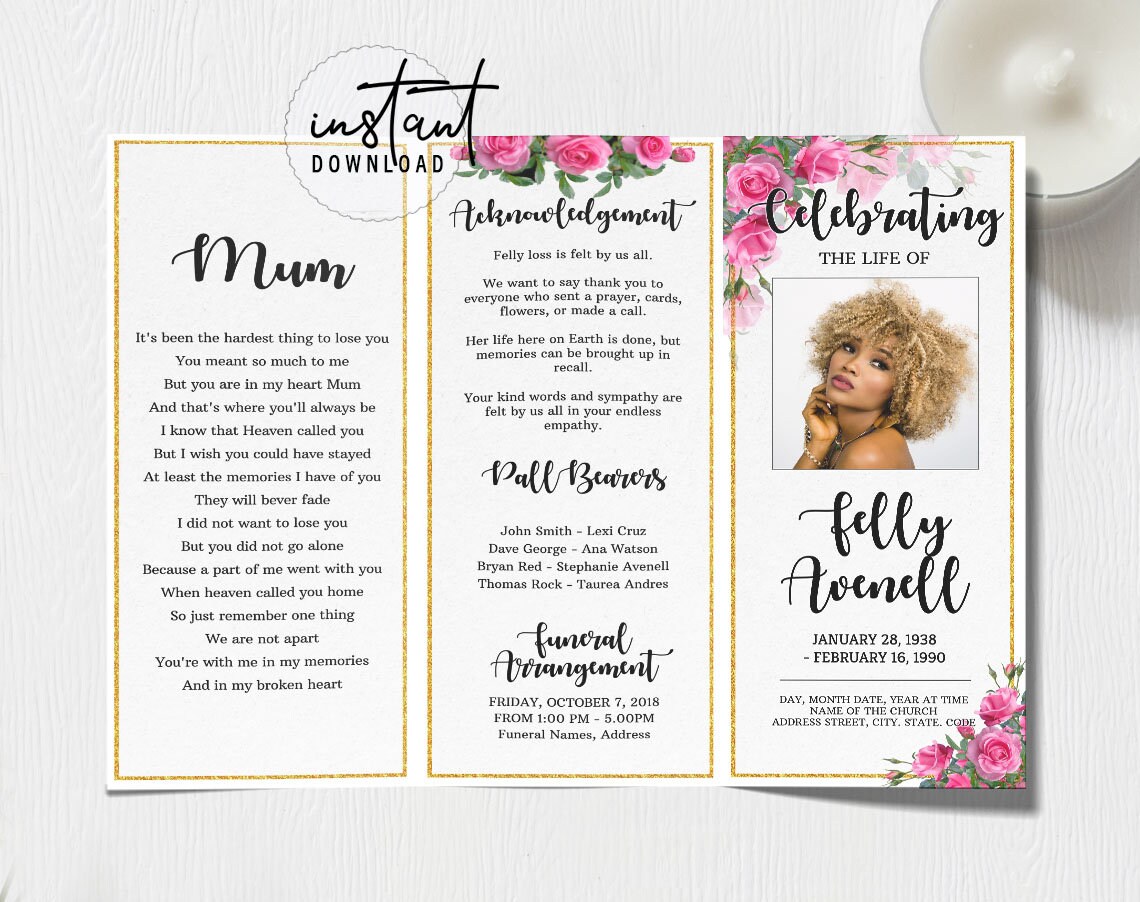 Trifold Funeral Program Template, Tri-fold Brochure, Pink Rose Funeral ...