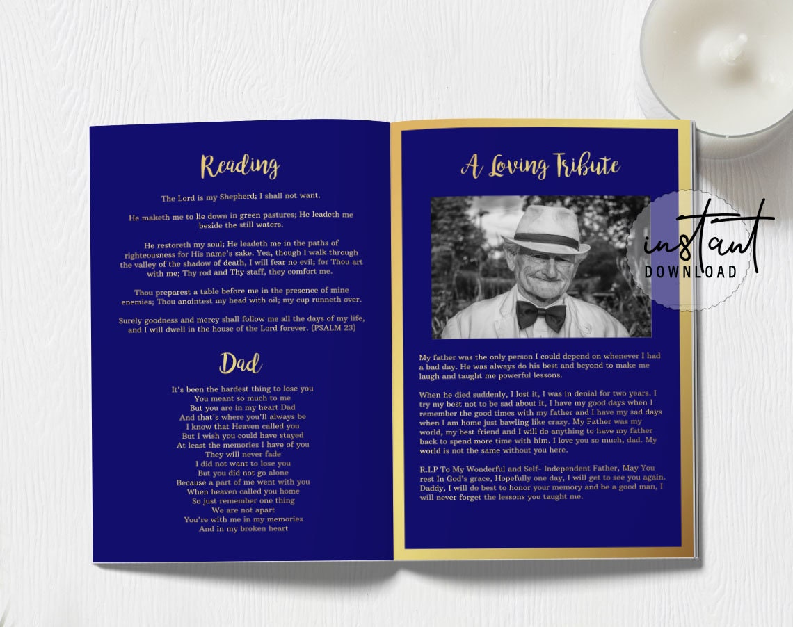 8 Page Funeral Program Template, Editable Funeral Program, Blue and ...