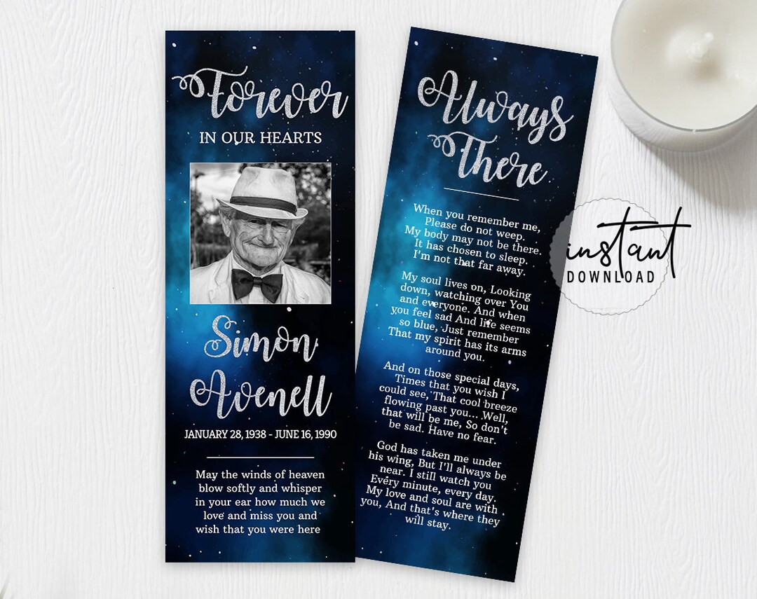 Funeral Bookmark Template, Funeral Keepsake Cards, Blue Galaxy Theme ...