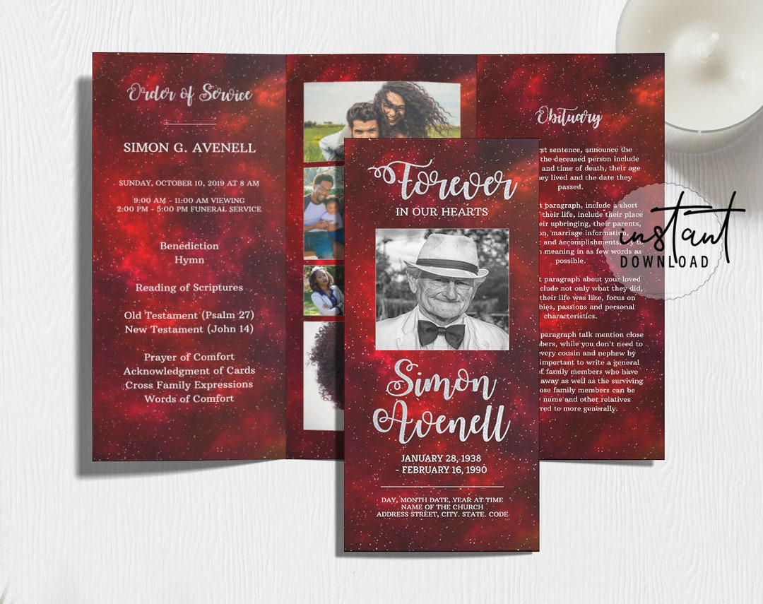Trifold Funeral Program Template, Tri-fold Brochure, Red Galaxy Theme ...