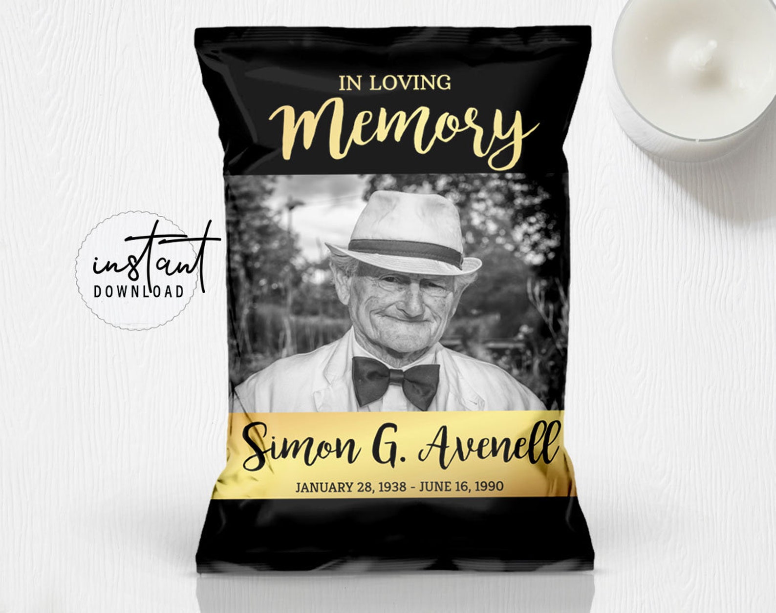 Funeral Chip Bag Label, Memorial Chip Bag, Black and Gold Theme, Gold ...
