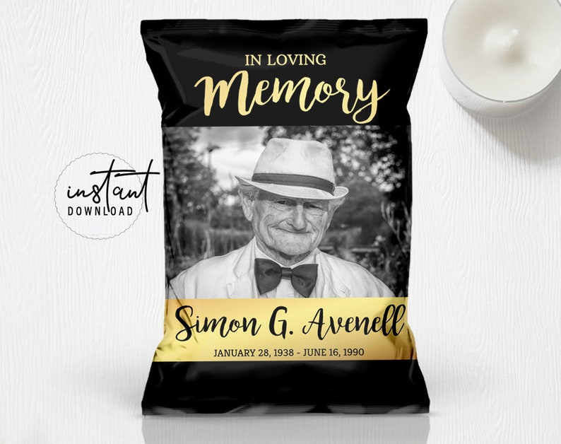 Funeral Chip Bag Label, Memorial Chip Bag, Black and Gold Theme, Gold ...