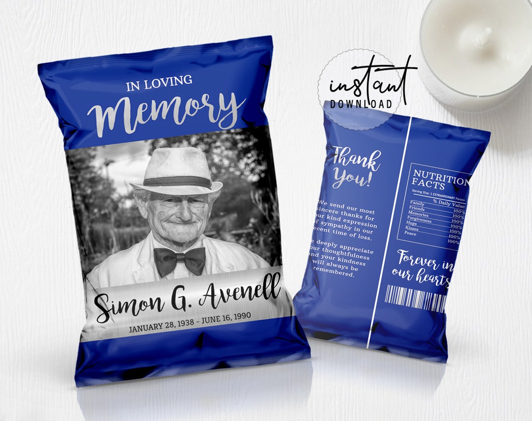 Funeral Chip Bag Label, Memorial Chip Bag, Blue and Silver Funeral ...