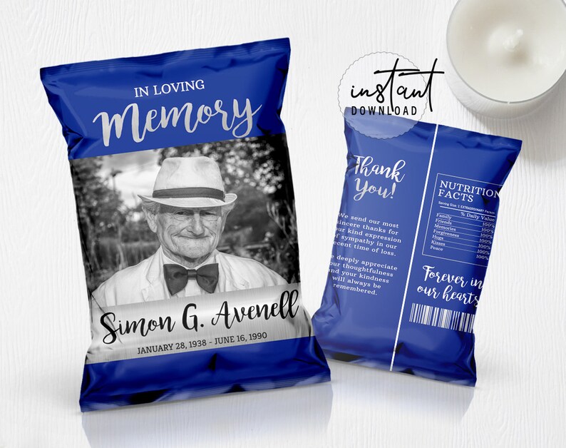 Funeral Chip Bag Label, Memorial Chip Bag, Blue and Silver Funeral ...