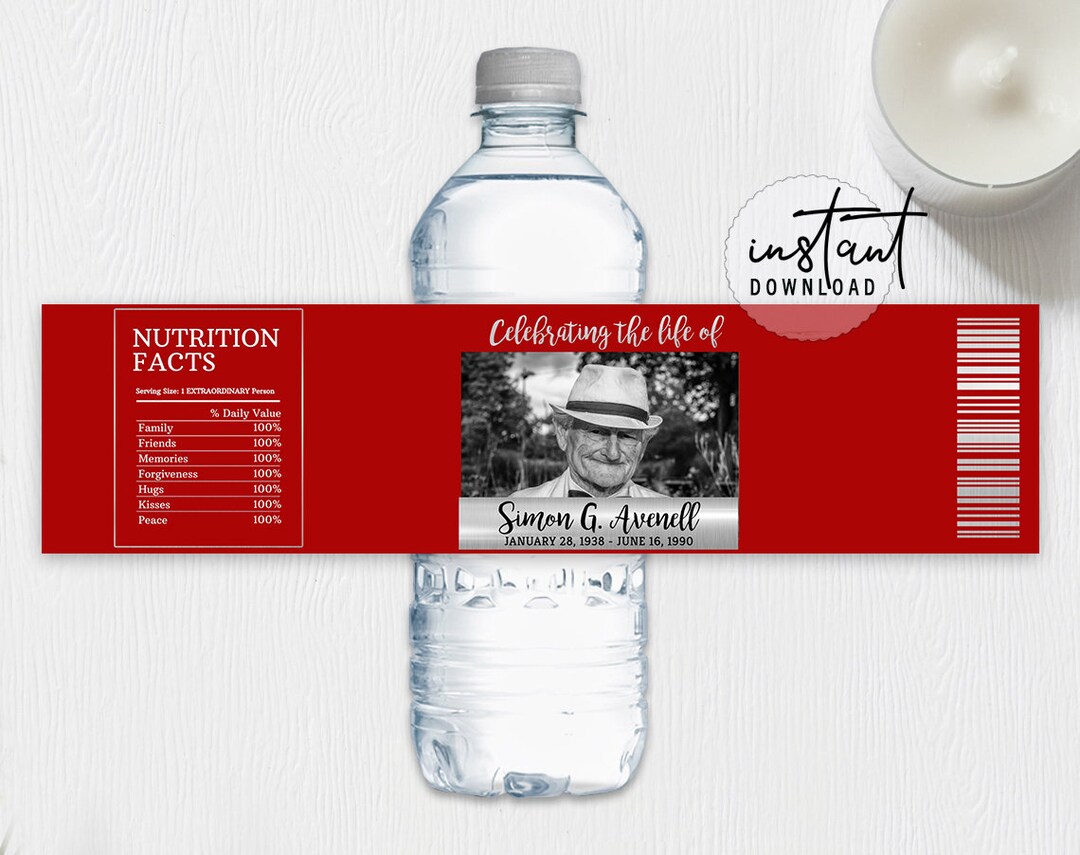 Funeral Water Bottle Label, Memorial Water Bottle, Red and Silver ...