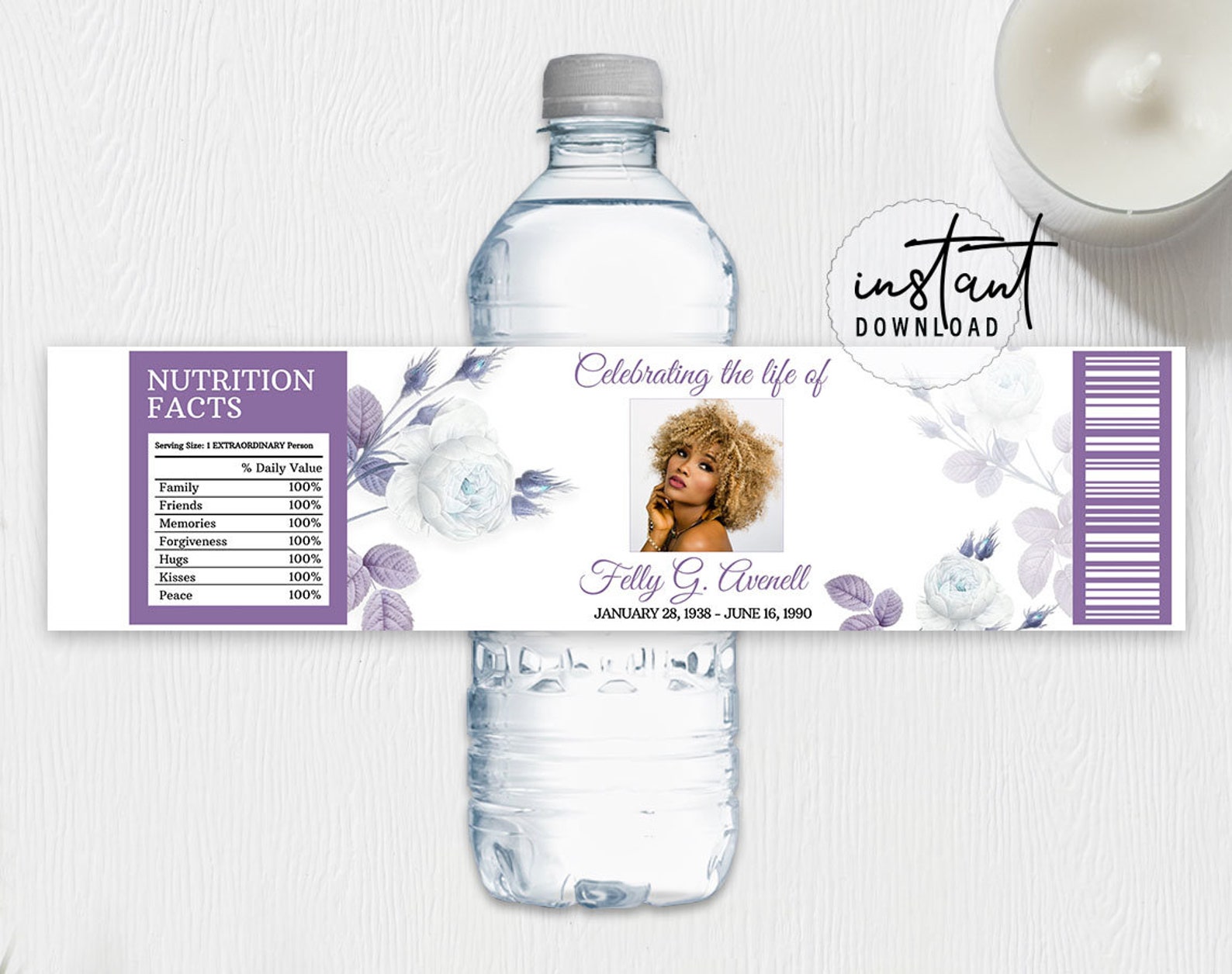 Funeral Water Bottle Label, Memorial Water Bottle, Purple Rose Theme ...