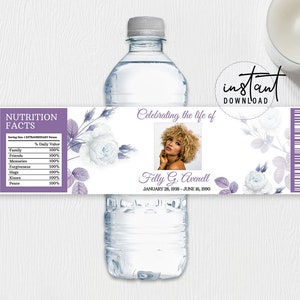 Funeral Water Bottle Label, Memorial Water Bottle, Purple Rose Theme ...