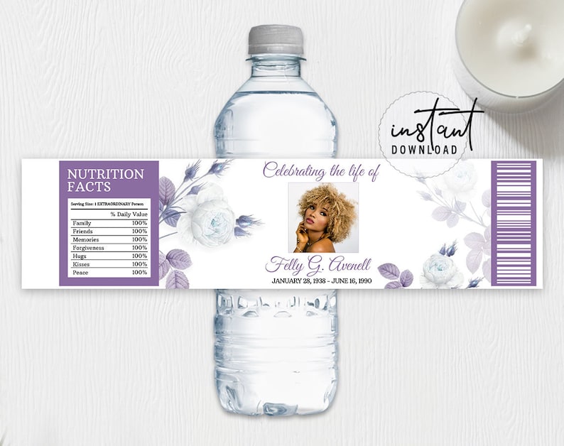 Funeral Water Bottle Label, Memorial Water Bottle, Purple Rose Theme ...