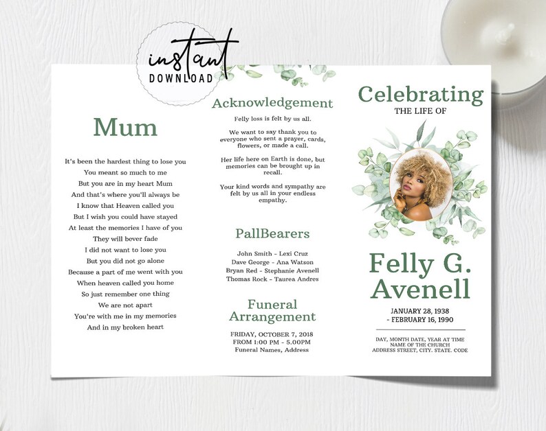 Trifold Funeral Program Template Tri-fold Brochure Green - Etsy