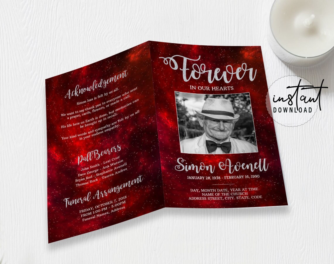 4 Page Funeral Program Template Editable Funeral Program Red - Etsy