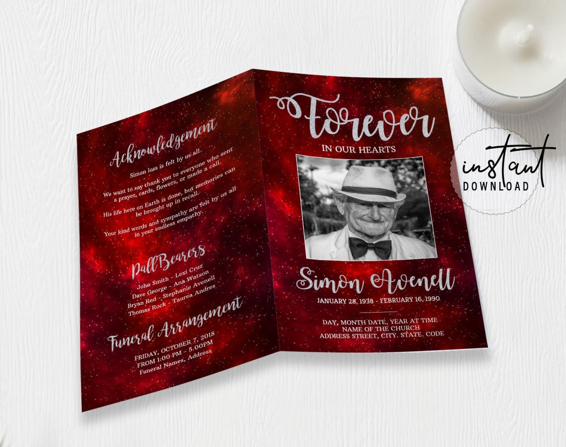 4 Page Funeral Program Template Editable Funeral Program Red - Etsy