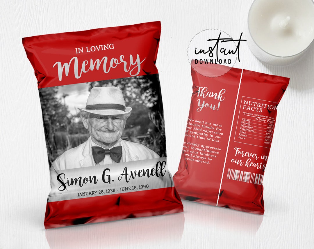 Funeral Chip Bag Label, Memorial Chip Bag, Red and Silver Funeral Theme ...