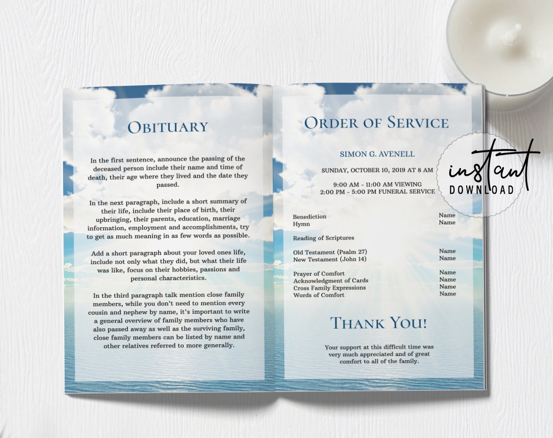 8 Page Funeral Program Template, Editable Funeral Program, Blue Sky ...
