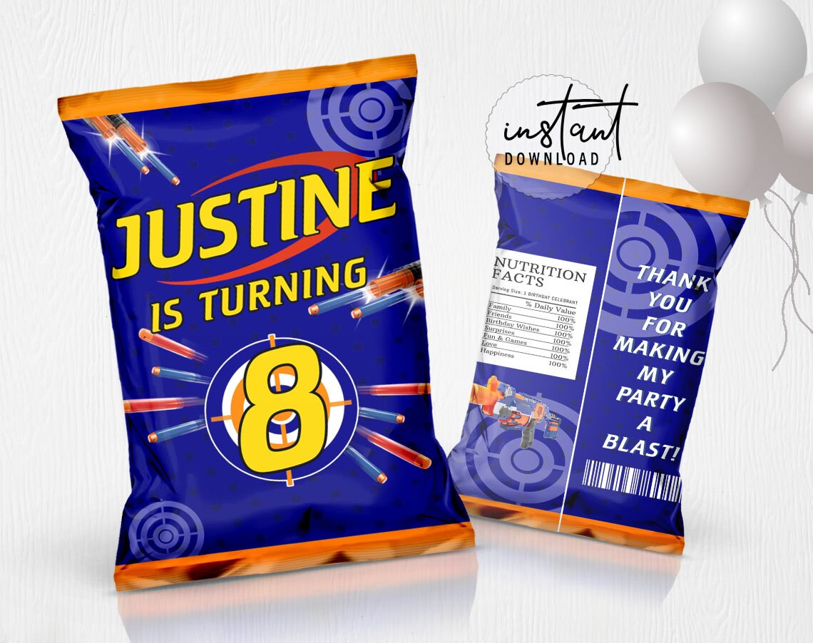 Dart Gun Chip Bag Label, Chip Bags Party Favor, Dart Gun Birthday Theme ...