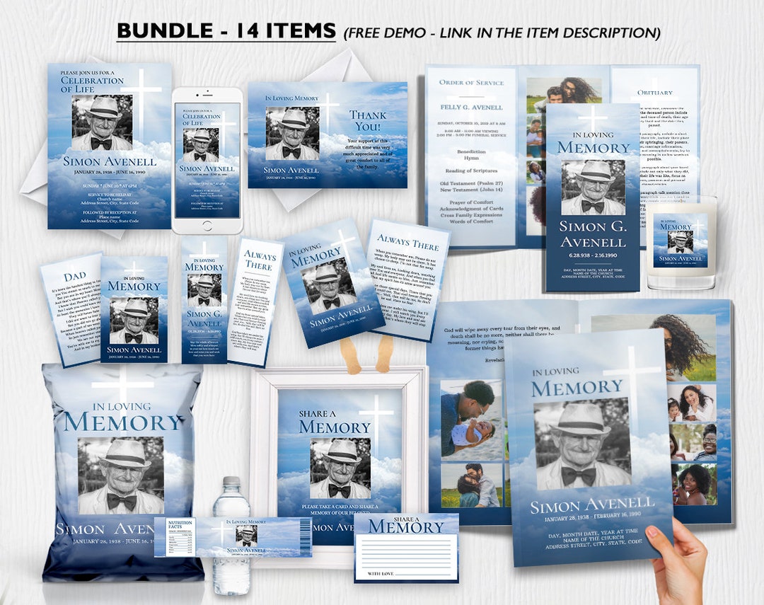 Funeral Bundle Set, Funeral Program Template, Funeral Program, Blue Sky ...