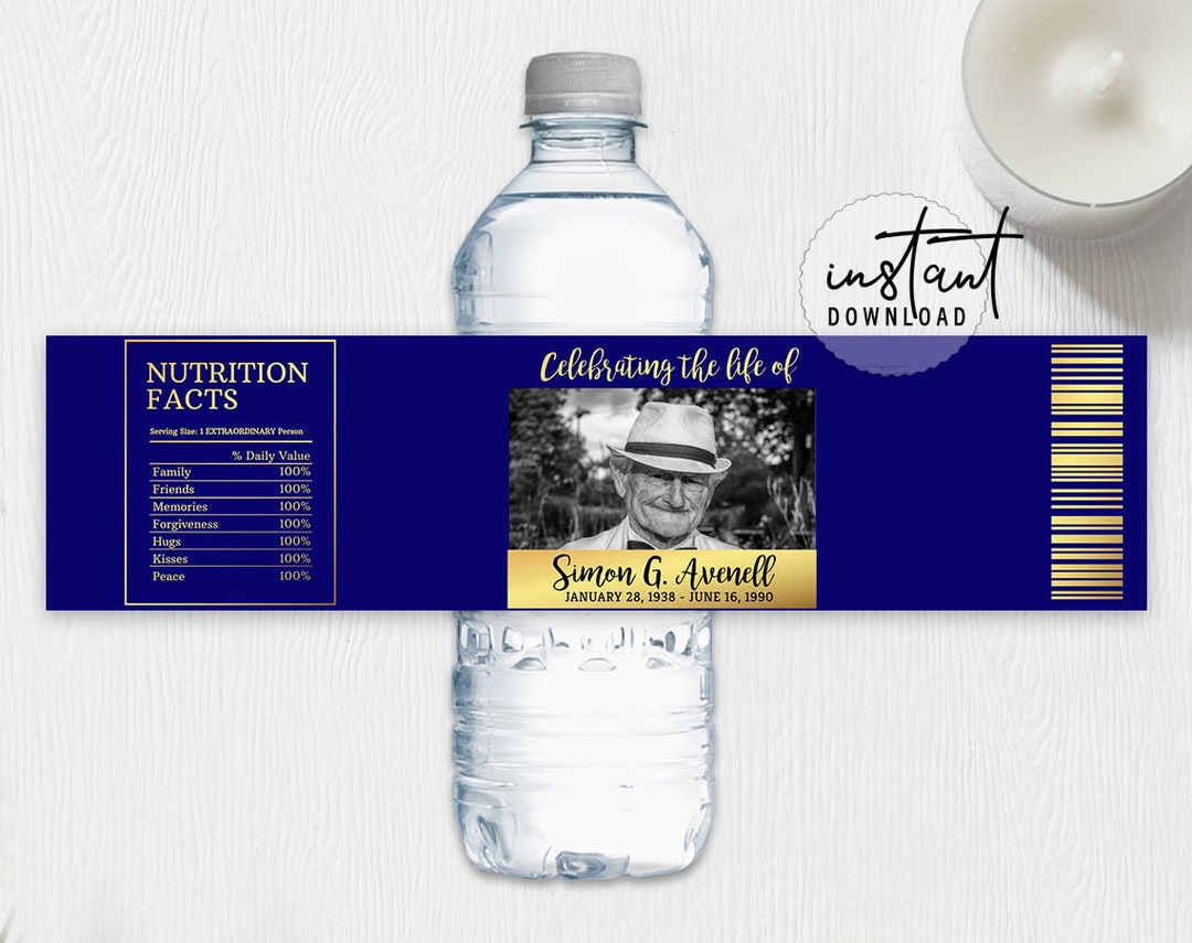 Funeral Water Bottle Label, Memorial Water Bottle, Blue and Gold ...
