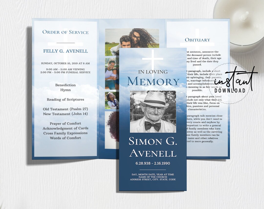 Trifold Funeral Program Template, Tri-fold Brochure, Blue Sky Cross ...