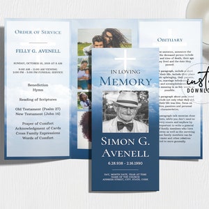 Trifold Funeral Program Template, Tri-fold Brochure, Blue Sky Cross Theme, Clouds Memorial ...
