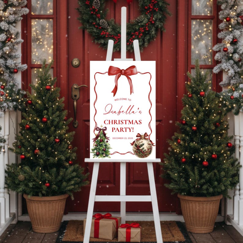 Editable Christmas Party Welcome Sign, Whimsical Holiday Sign Board ...