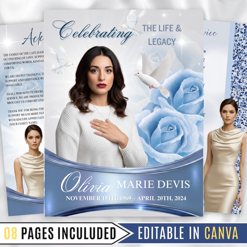 Gray Blue Funeral Program Template, Elegant Obituary Design ...