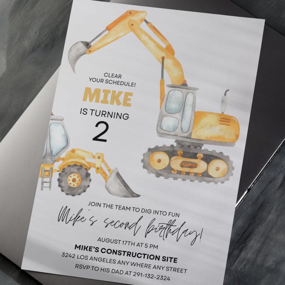 Editable Construction Birthday Invitation, Any Age Excavator Truck ...