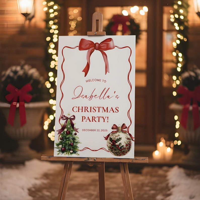 Editable Christmas Party Welcome Sign, Whimsical Holiday Sign Board ...