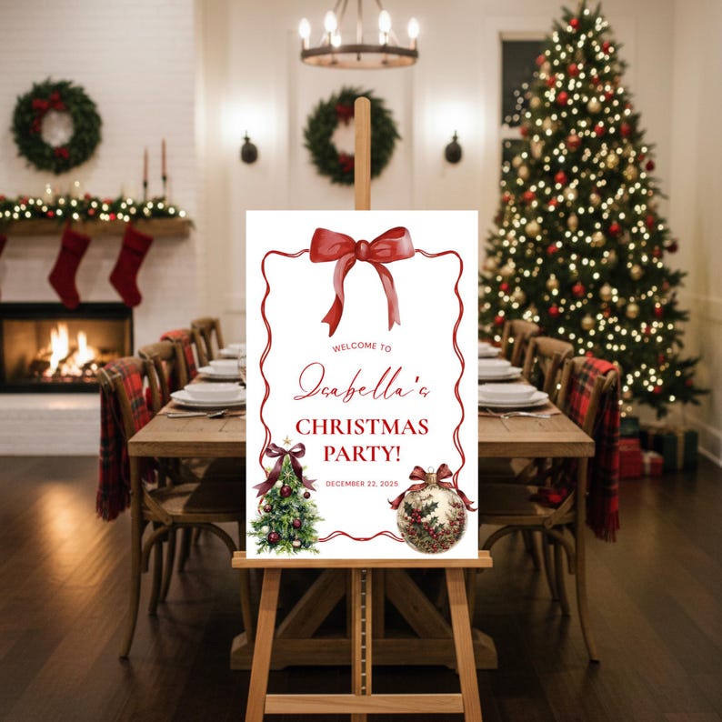 Editable Christmas Party Welcome Sign, Whimsical Holiday Sign Board ...