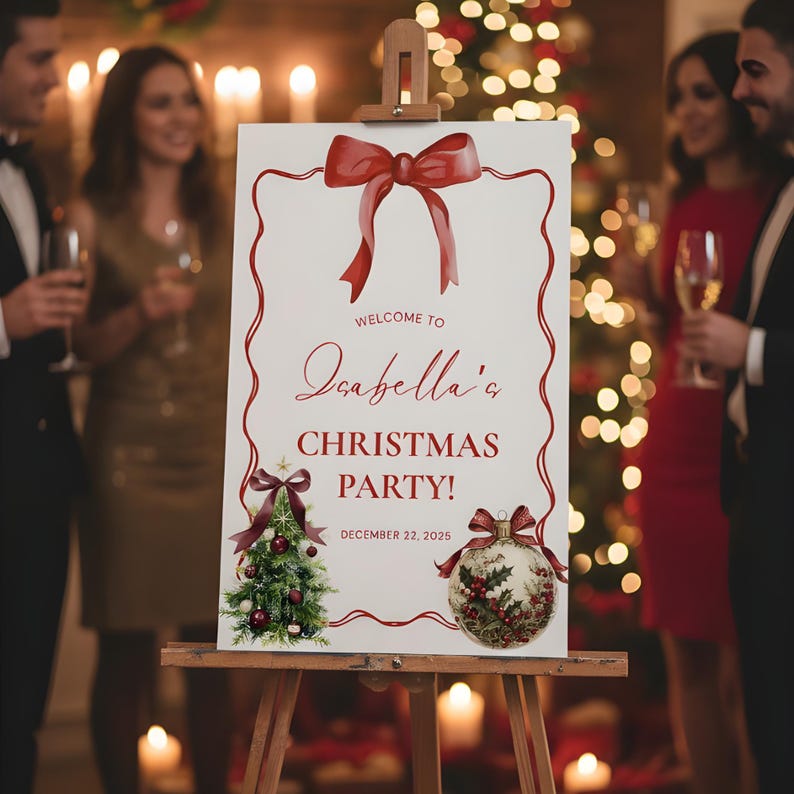 Editable Christmas Party Welcome Sign, Whimsical Holiday Sign Board ...