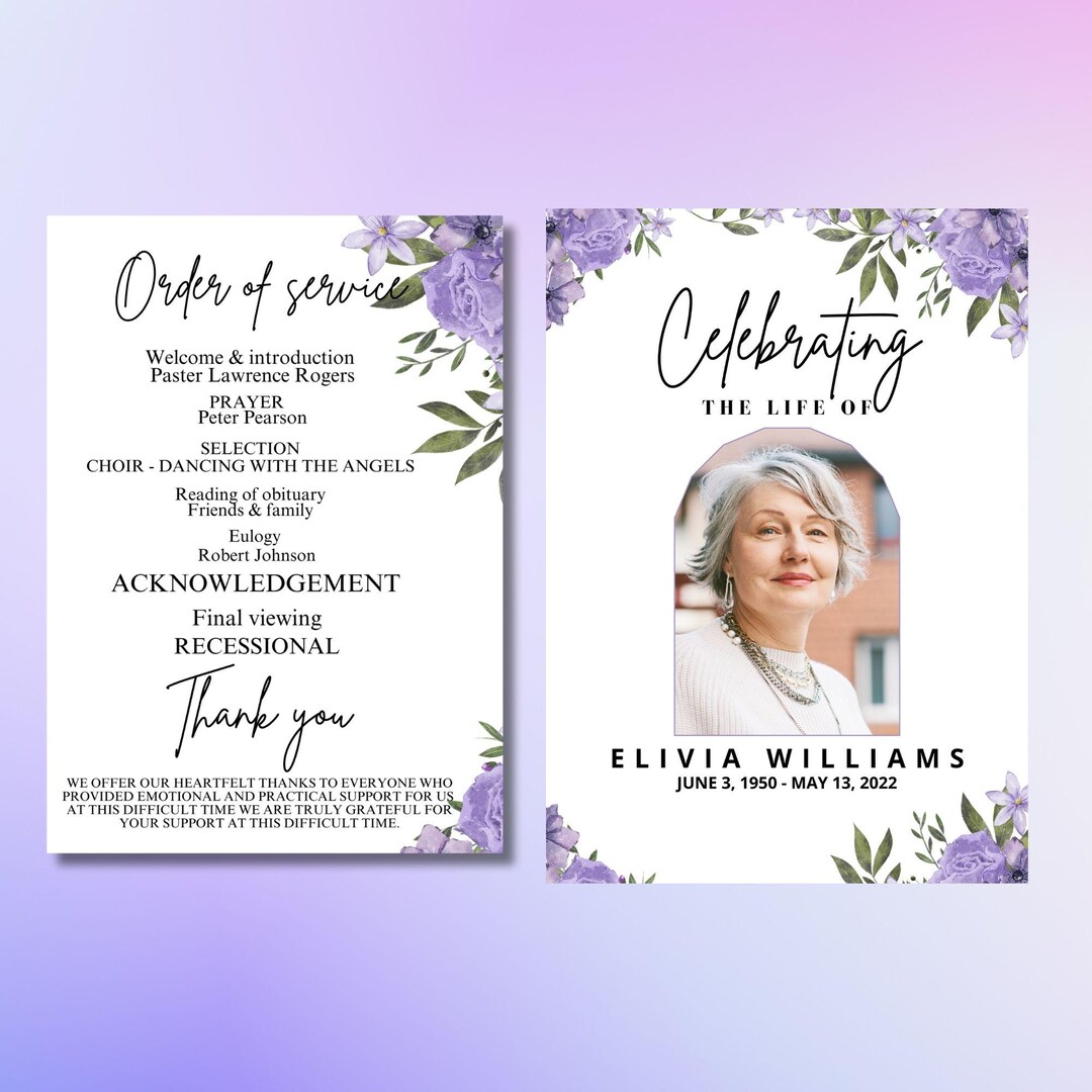 Lilac Funeral Program Template Floral Memorial Program, Editable ...