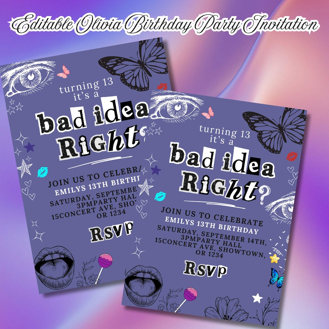 Editable Olivia Birthday Party Invitation - Bad Idea Inspired Theme ...