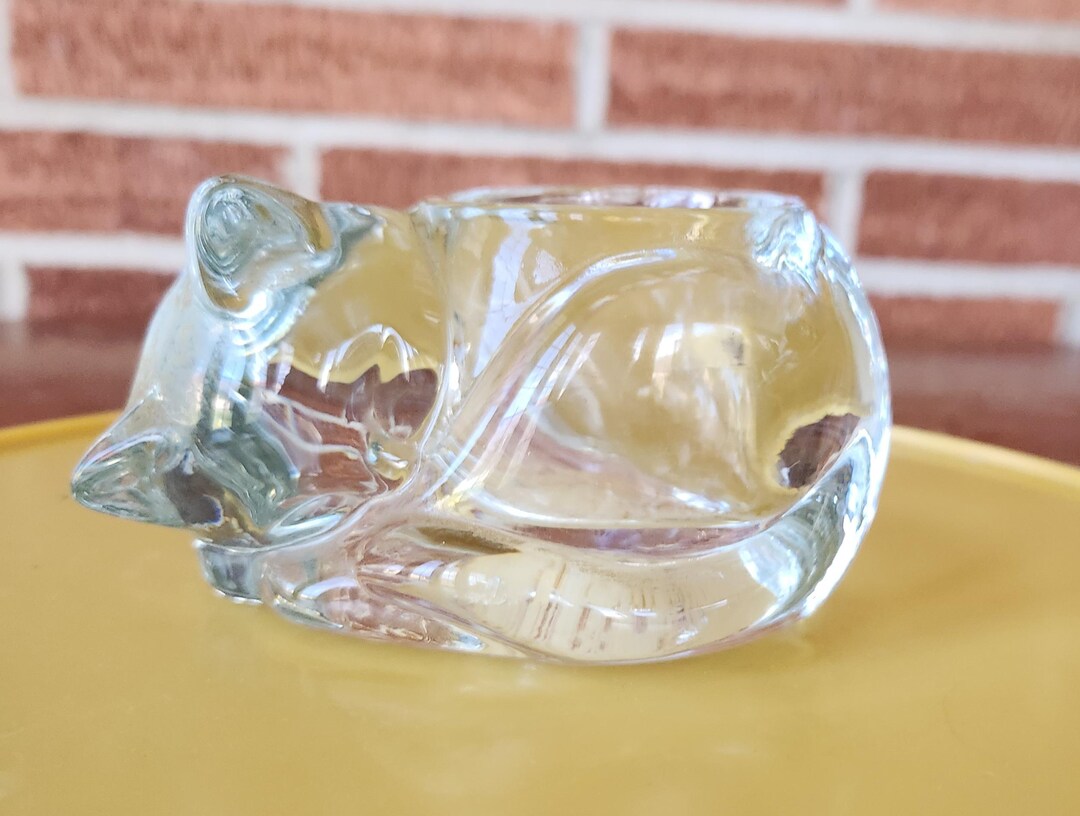 Vintage Indiana Glass Sleeping Cat Votive Candle Holder – Clear Crystal ...