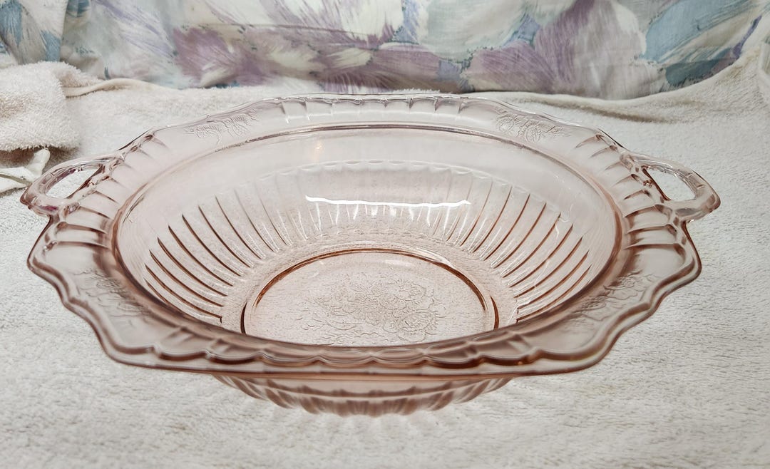 Elegant Vintage Pink Embossed Glass Bowl With Decorative Handles ...