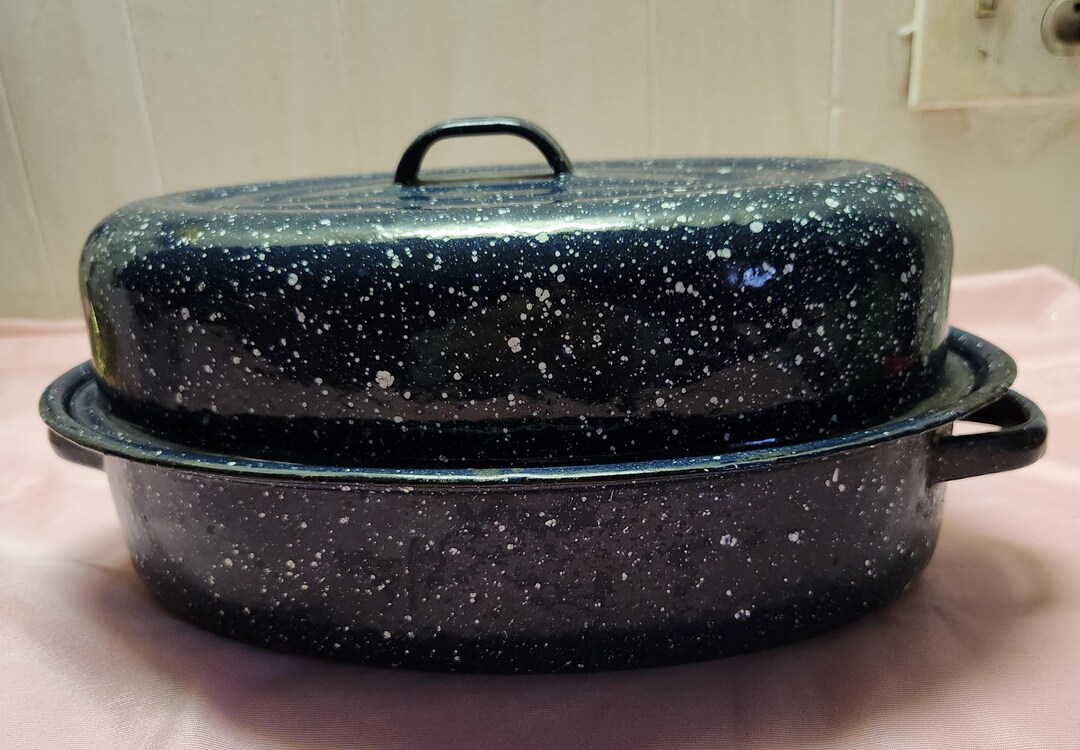 12" Vintage Speckled Dark Blue Roasting Pan With Lid. - Etsy