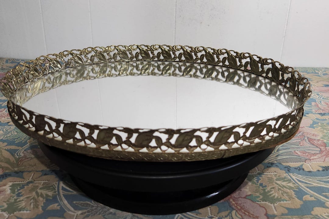 Vintage Ornate Brass Filigree Mirror Vanity Tray – 12.5"x9" X 1.5" Oval ...