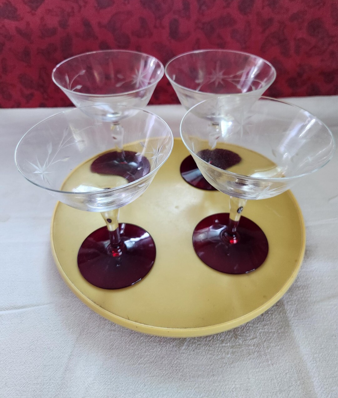 Set of 4 Vintage Ruby Red Etched Stemware - 5"tall - Etsy