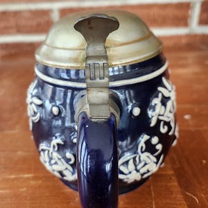 Vintage German Lidded Beer Stein – Dark Blue Ceramic With Floral Relief ...