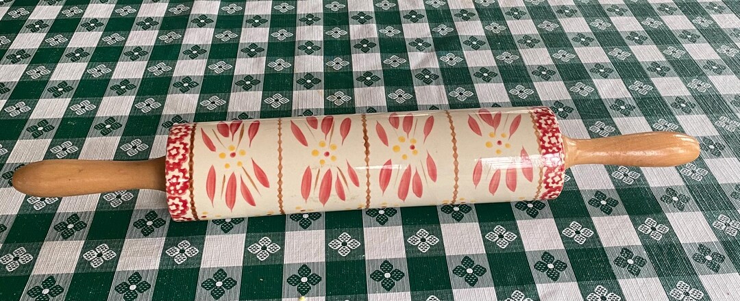Vintage Ceramic Rolling Pin With Hand-painted Floral Design and Wooden ...