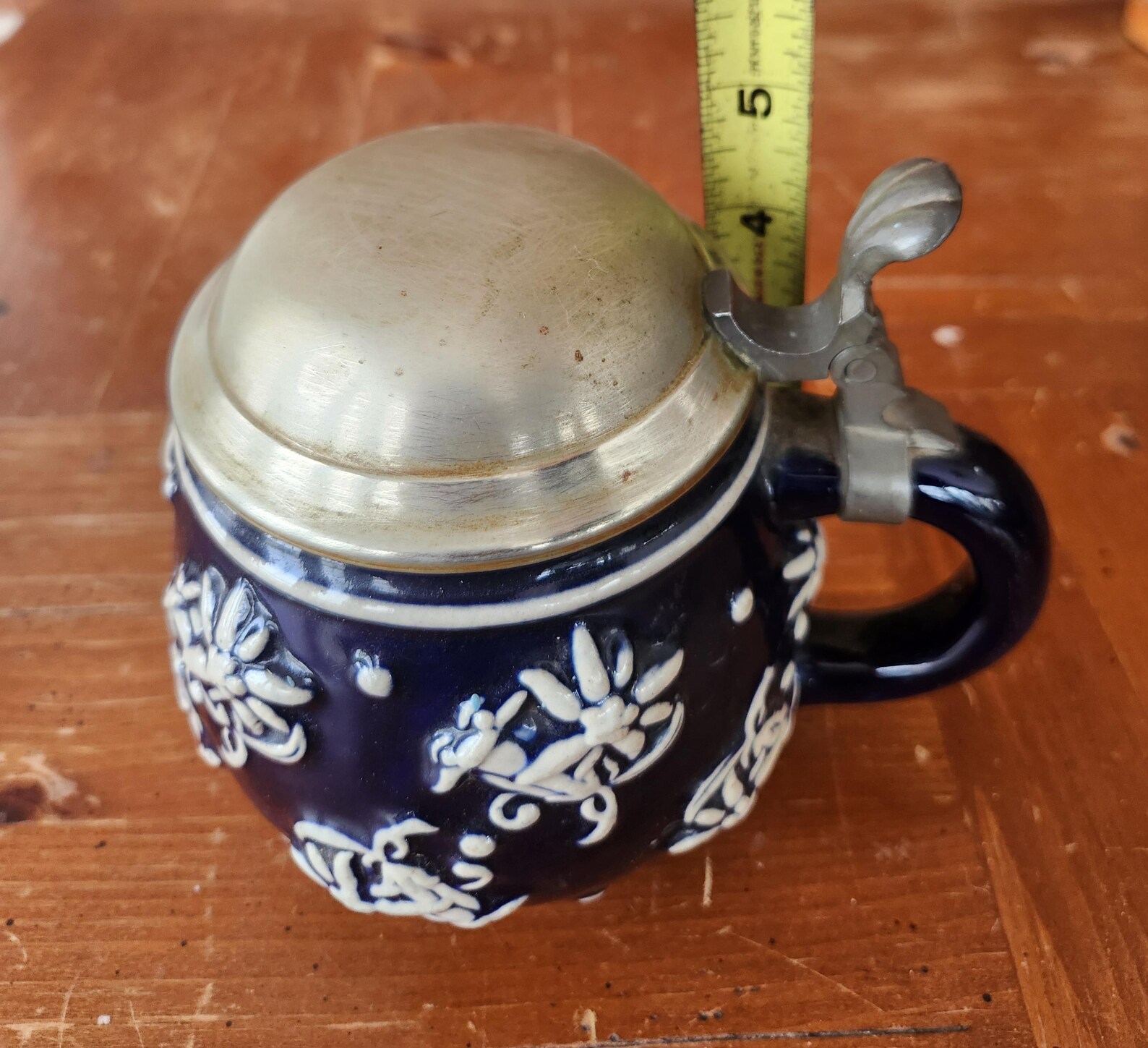 Vintage German Lidded Beer Stein – Dark Blue Ceramic With Floral Relief ...