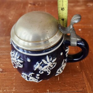 Vintage German Lidded Beer Stein – Dark Blue Ceramic With Floral Relief ...