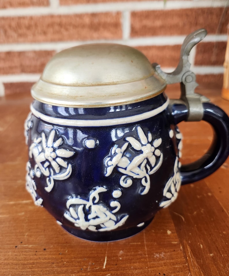 Vintage German Lidded Beer Stein – Dark Blue Ceramic With Floral Relief ...