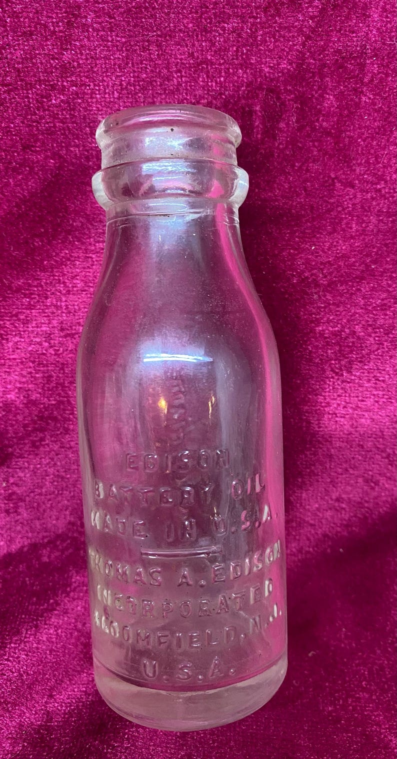 Antique 4” Tall Edison Battery Oil Bottle Embossed With Thomas A ...