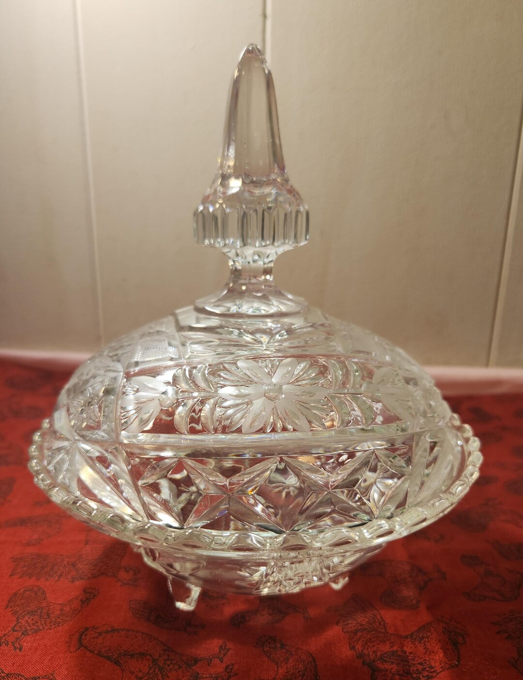 Vintage Three-footed Crystal Glass Candy Dish With Lid – 9” × 7” × 7 ...