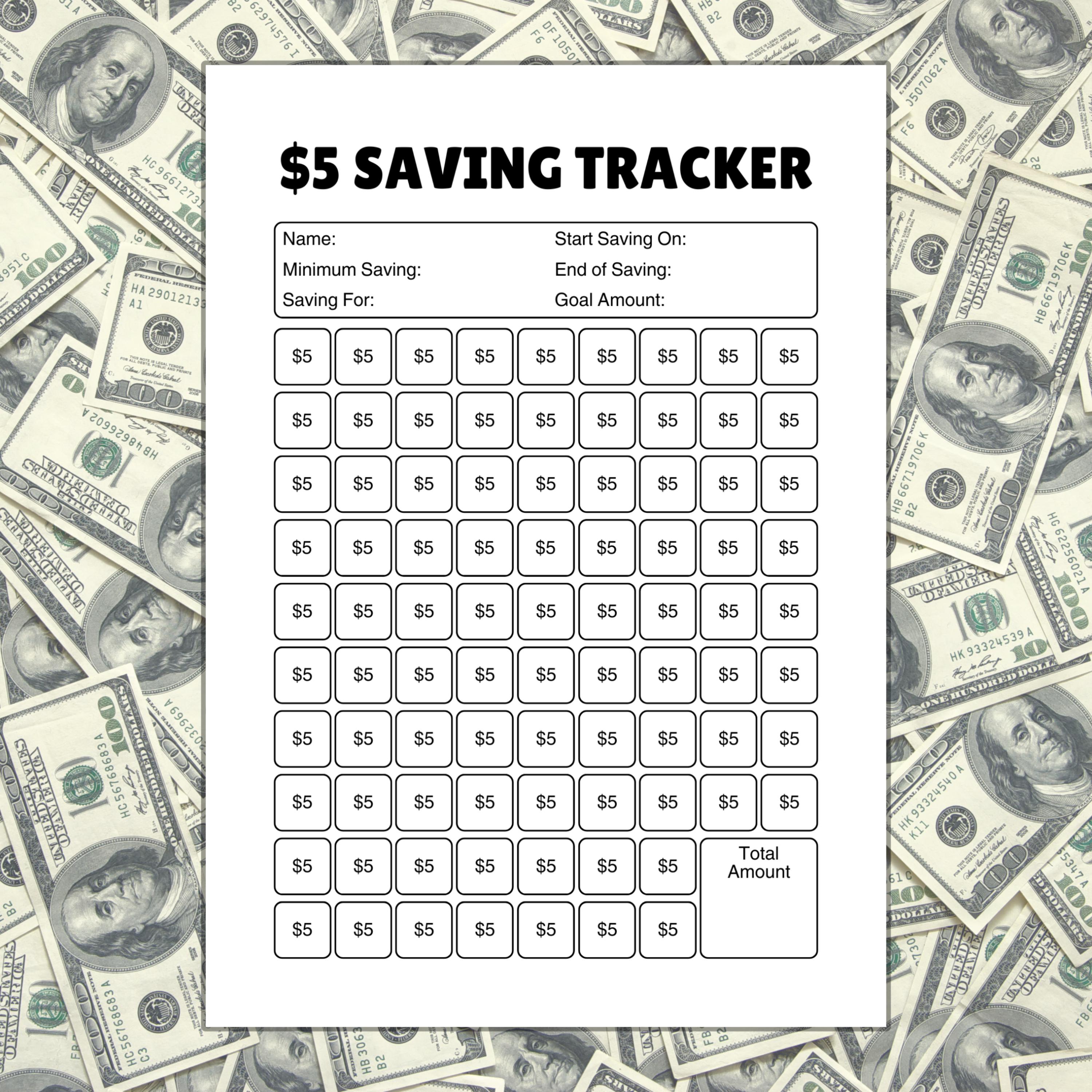 5 Dollar Bill Savings Challenge Tracker Printable Worksheet Digital