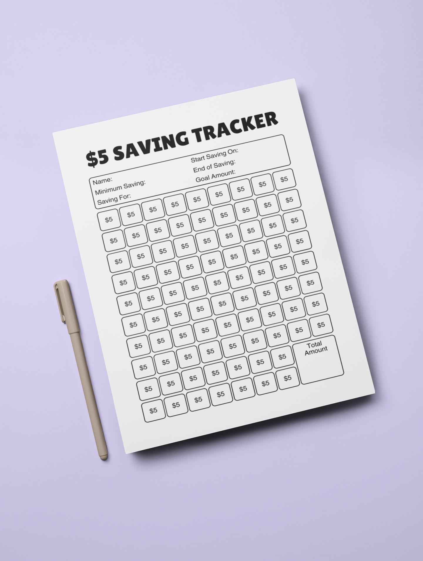 5 Dollar Bill Savings Challenge Tracker Printable Worksheet Digital